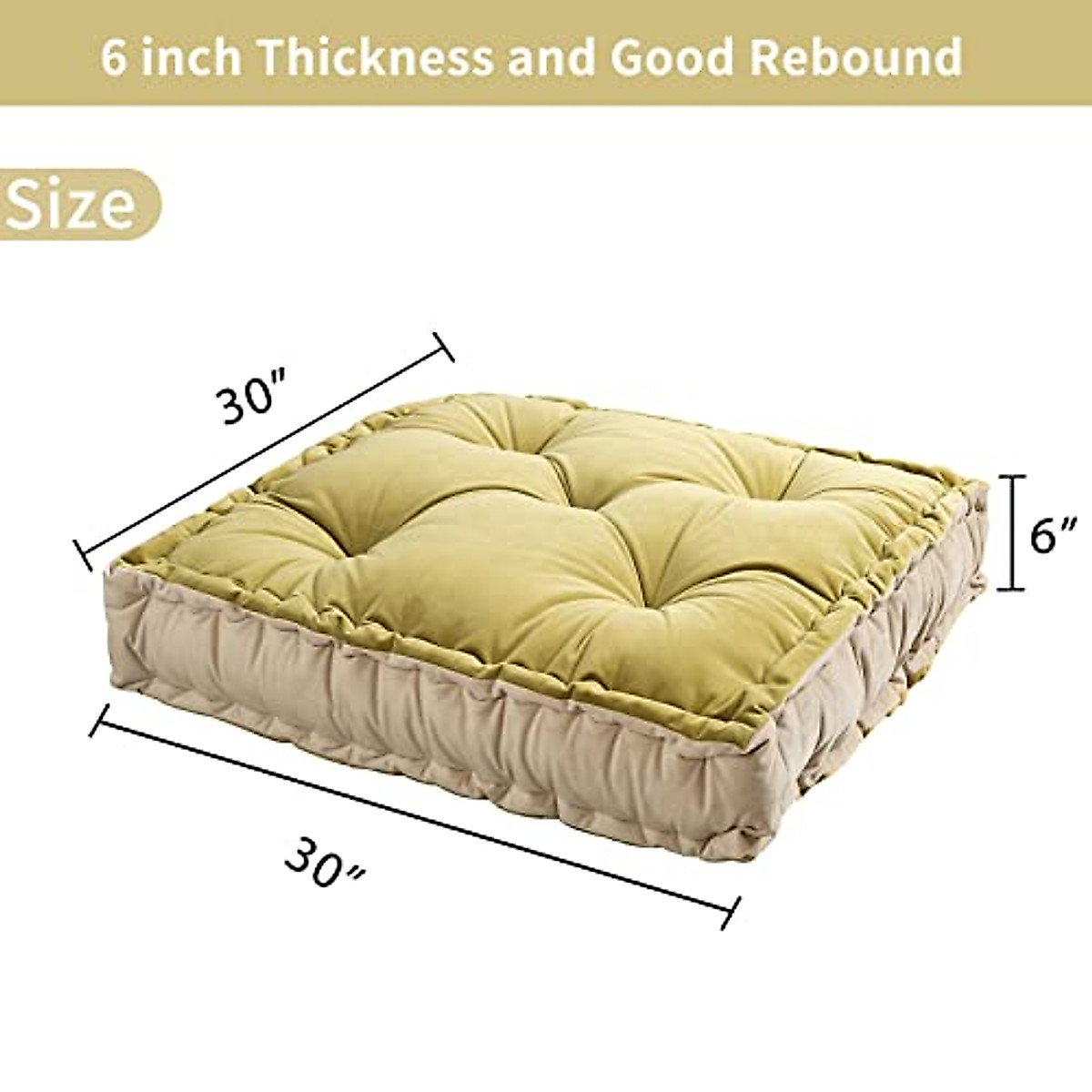 HIGOGOGO Extra Large Floor Cushion, 20"x20" Square Tufted Seating Floor Pillow with Frilled Edge, Outdoor Thicken Meditation Cushion for Yoga, Reading, Kids Playing and Pet Sleeping, Grass-Green