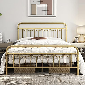 Yaheetech Queen Size Metal Bed Frame with Vintage Headboard and Footboard, Farmhouse Metal Platform Bed, Heavy Duty Steel Slat Support, Ample Under-Bed Storage, No Box Spring Needed, Antique Gold
