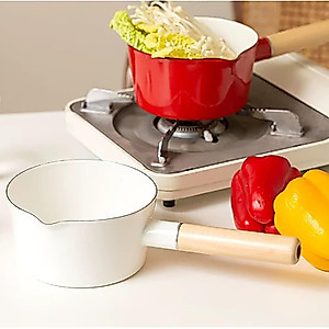 FYUEROPA Enamel Milk Pot, Butter Warmer Non-stick Saucepan, 6 Inch 37 Oz Cookware with Wooden Handle (Red)
