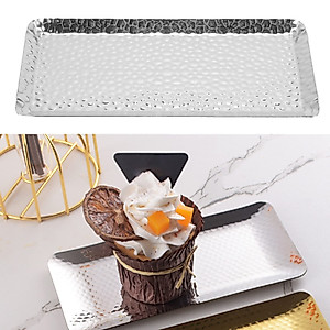 Hammered Tray with Raised Edges 9.8x4.3 inch Hammered Stainless Steel Rectangular Metal Serving Tray Platter Fruit Dish for Parties Copper Finish Makeup Organizer Jewellery Holder Towel(Silver)