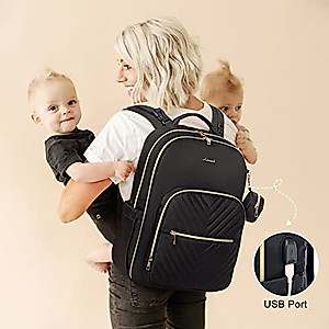 LOVEVOOK Diaper Bag Backpack, Quilted Baby Bag with Changing Pad & Pacifier Holder, Waterproof Travel Diaper Bags with USB Charging Port, Stylish and Large Capacity, Black