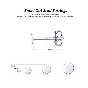 Sterling Silver Stud Earrings for Women, Tiny Flat Dot Earrings Set | Small Hypoallergenic Circle Stud Earrings | Dainty Round Tragus Cartilage Studs for Men (2mm/3mm/4mm)