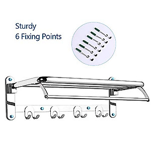 HOONEX Foldable Towel Rack for Bathroom Wall Mounted, 24-Inch Towel Shelf with Towel Hooks and Adjustable Towel Bar, 304 Stainless Towel Holder, Polished Silver
