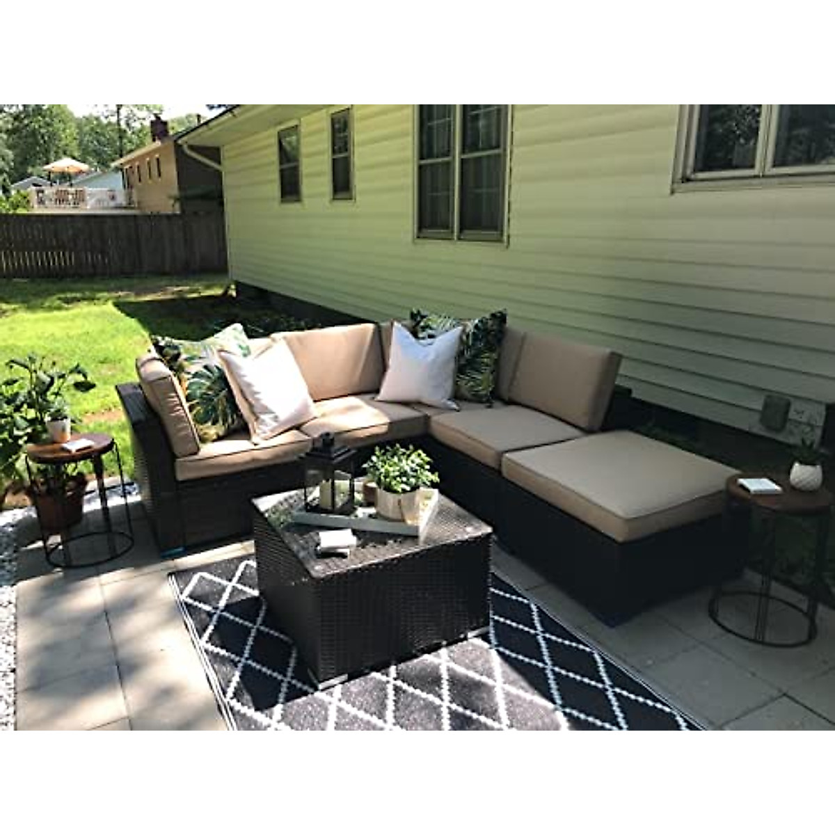 SUNCROWN 4-Piece Patio Furniture Set 83" x 81" Outdoor Sectional Sofa, 5 Seats Rattan Wicker Conversation Sets with Ottoman, Glass Coffee Table and Washable Cushions - Beige