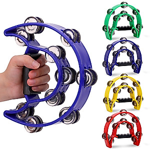 CEE 4 Pack 10 Double Row Tambourine, Half Moon Musical Tambourine 20 Metal Jingles Hand Held Percussion Drum, Panderos Para Adultos, Plastic Tambourines for Adults, Church, KTV, Party, Multicolored