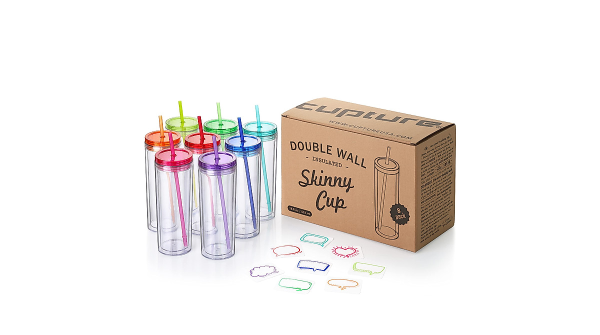 Cupture Skinny Acrylic Tumbler Cups - 18 oz, 8 Pack with Straws