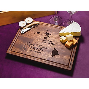 Straga Personalized Cutting Boards | Handmade Wood Engraved Charcuterie | Custom Wedding, Anniversary, Eloping Gift for Couples, Destination Wedding (Hawaiian Islands Design No.807)
