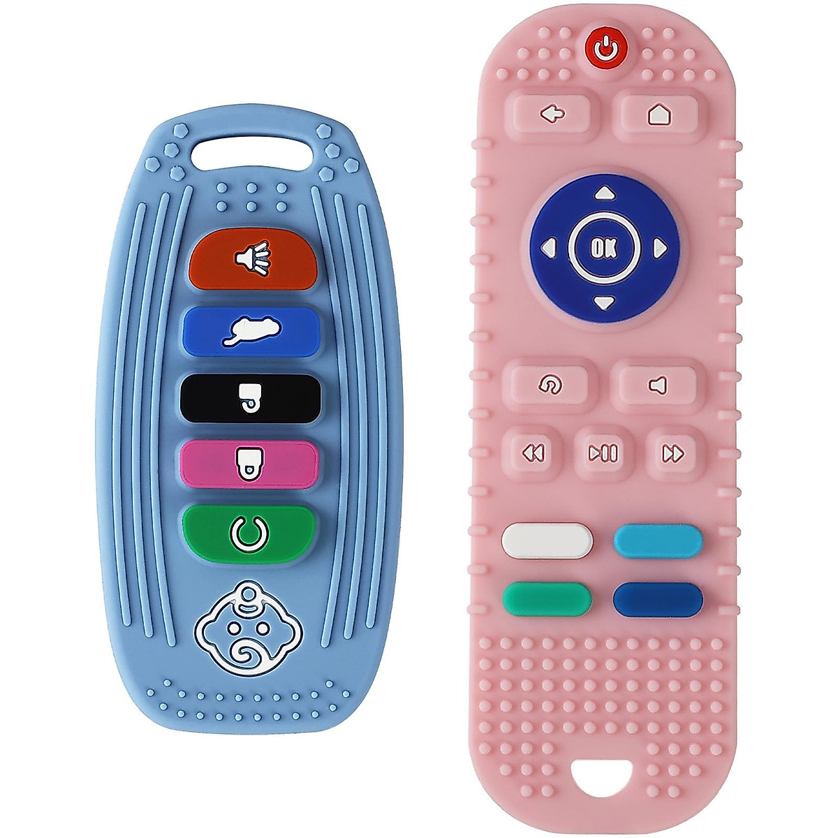 AIZIXIN 2 Pack Silicone Baby Teething Toys,TV Remote Control and Car Key Shape Teething Toys for Babies 3-24 Months, Baby Teethers Relief Soothe Toys, Baby Chew Toys for Toddlers(Pink&Blue)