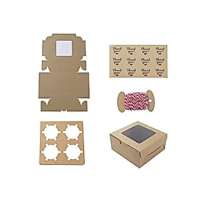 ST.LORIAN 15 Packs Bakery Cupcake Boxes with Window and Inserts 4 Holders,Twine and Stickers,6x6x3 Inch Food Grade Kraft Cookie Boxes for Muffins,Small Cakes,Cupcakes(15 Packs, Kraft)