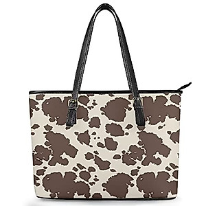 Poetesant Brown Cow Print Handbag for Women Cow Print Tote Bags Color Block Top-Handle Large Purses Casual Leather Shoulder Bags for Business