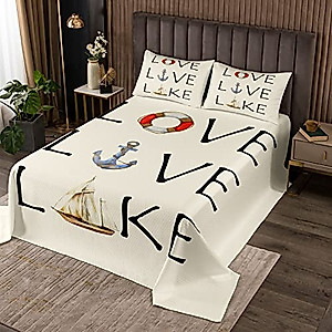 Lake House Quilt Set Twin Size, Nautical Anchor Bedspread Set For Kids Boys Teens Adult, Retro Sailboat Coverlet Set Lakehouse Rustic Beding Set Spring Summer Home Decoration With 1 Pillow Case