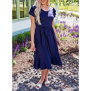 Dokotoo Womens 2023 Summer Spring Dresses Casual Wrap Round Neck Short Puff Sleeve Belt A-Line Ruffle Hem Formal Midi Dress Blue Medium