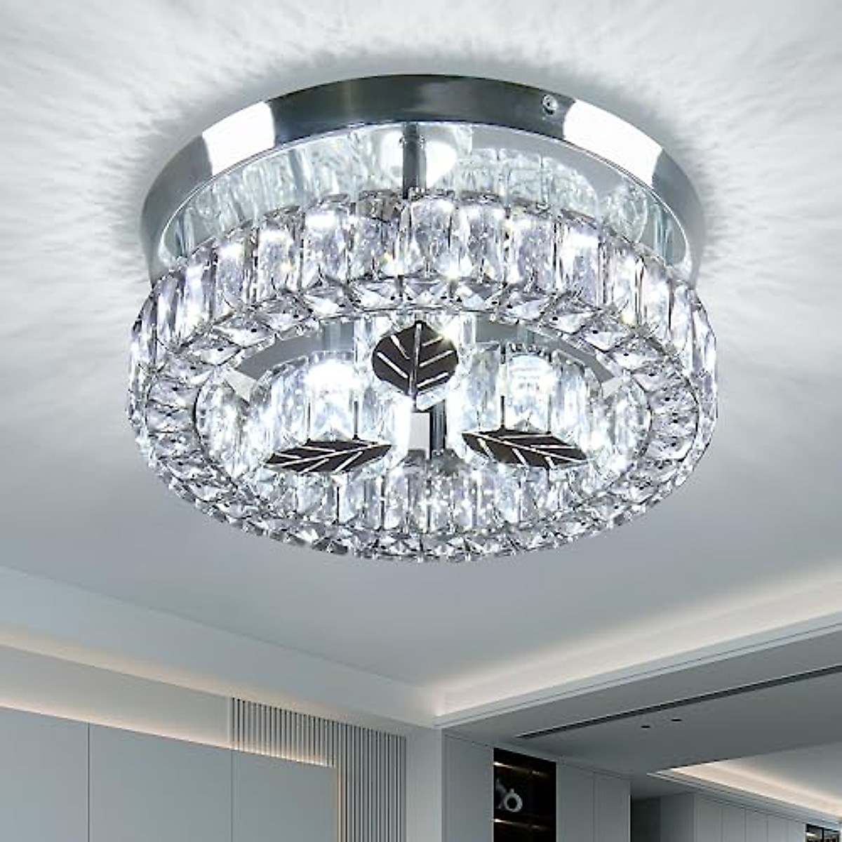 Finktonglan 11.6” Crystal LED Ceiling Light Flush Mount, Modern 30W Round Ceiling Lamp K9 Crystal Light Fixtures, Stainless Steel Leaf Crystal Chandelier for Dining Room Living Room (Cool White)
