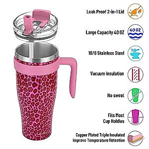 Zukro 40 oz Mug Tumbler With Flip Straw and Handle, Leak Proof Vacuum Insulated Stainless Steel Cup with 2-in-1 Lid Fit in Cup Holder, No Sweat, Keeps Cold for 24 Hours, Rose Cheetah