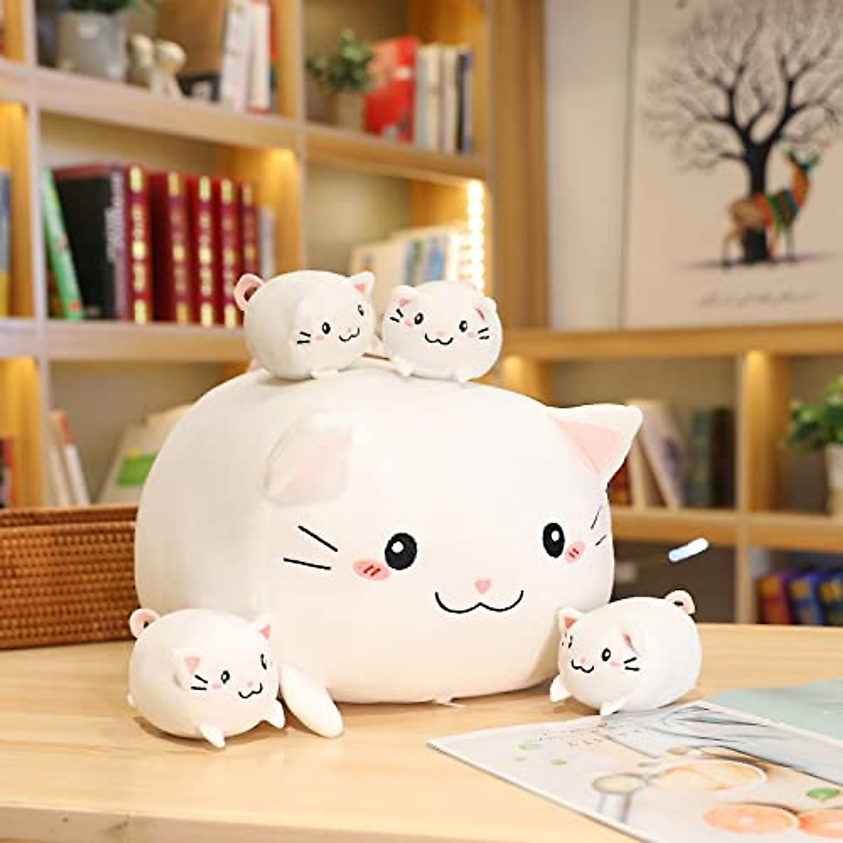 SQEQE Cute Cat Plush Toy with 4 Baby Plush Kitties in her Tummy, Stuffed Cotton Plush Animal Toy Gift for Kids
