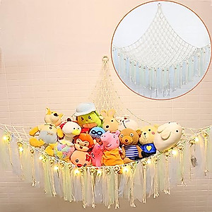 GSZTTKX Stuffed Animal Hammock,Macrame Large Toy Net Hanging for Stuffed Animals Storage Organizer Wall Corner,Boho Plush Stuffed Animal Holder Children Room Nursery Decor (with Light,Beads,White)