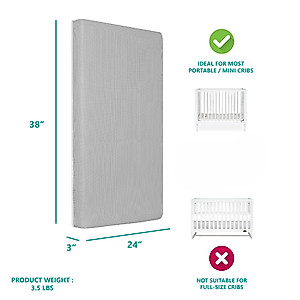 Dream On Me Snuggles Extra Firm Fiber Portable and Mini Crib Mattress in Grey, Greenguard Gold Certified, Soft Breathable Mesh Cover, Lightweight Baby Mattresses for Cribs