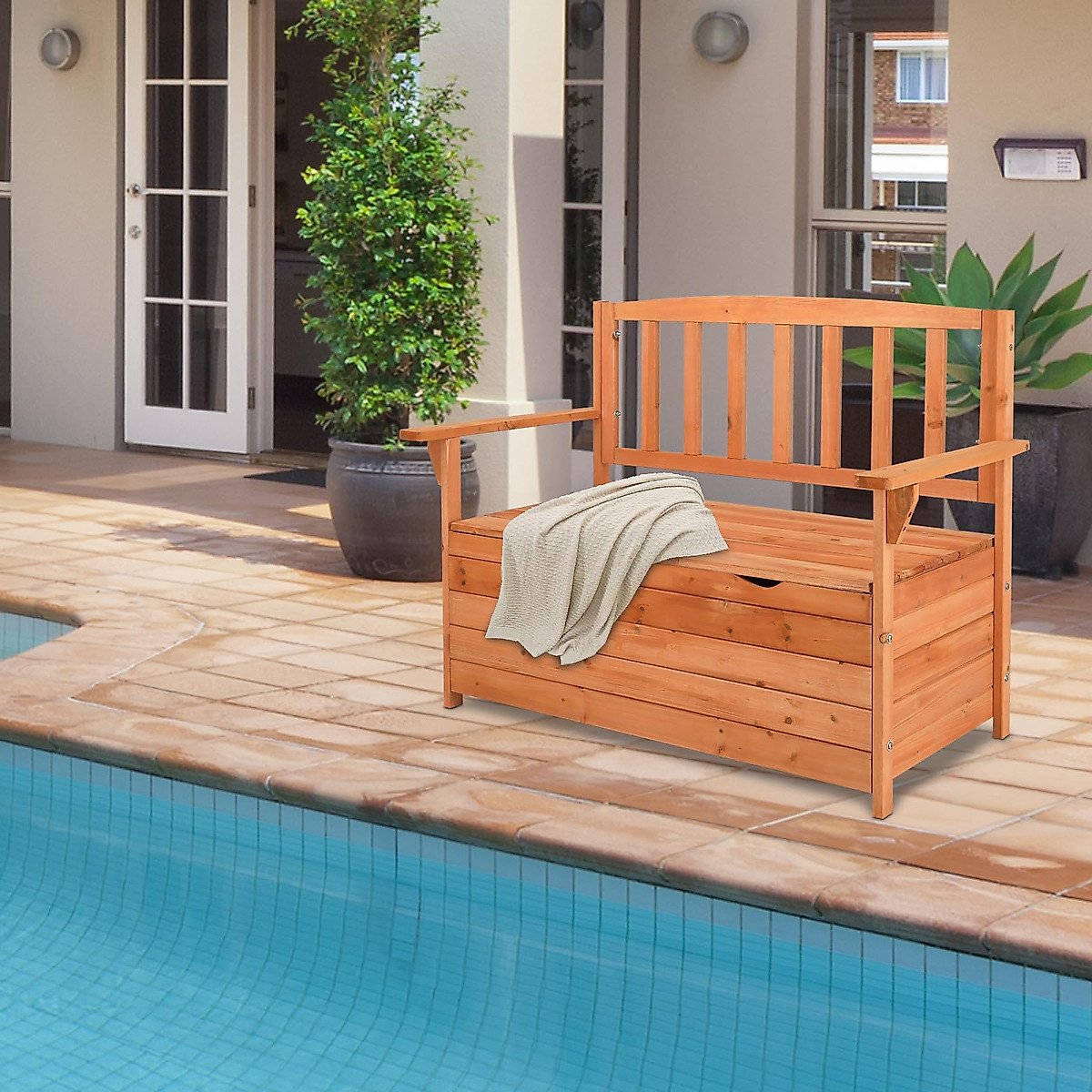 Aiyyds Cedar Outdoor Storage Bench with Seating - 44-inch Patio Bench with Backrest and Armrests, Weatherproof Deck Storage Box in Vibrant Orange-Red