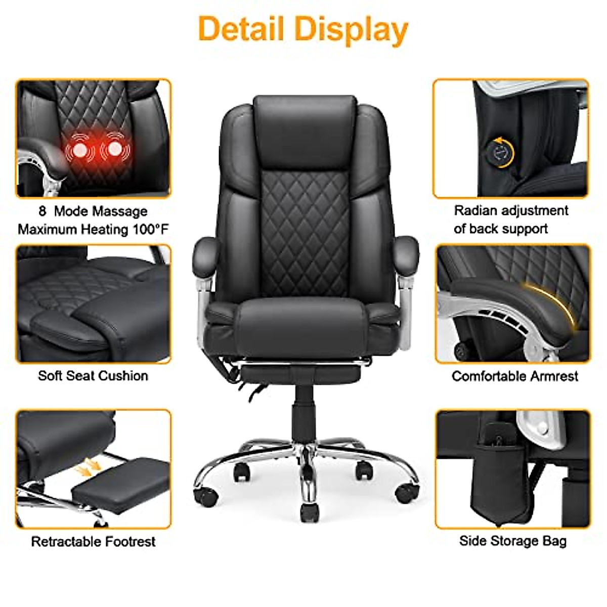 HOMREST Executive Office Chair, Ergonomic Office Chair with Adjustable Lumbar Back Support,Big and Tall Office Chair with Massage and Heat,Home Office Desk Chair,Black
