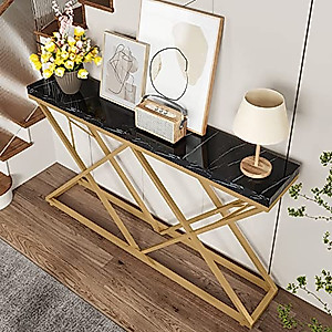 Tribesigns 55" Console Table, Modern Entryway Hallway Table with Diamond-Shaped Gold Metal Legs, Faux Marble Black Wood Sofa Table Foyer Table for Living Room, Entryway, Hallway, Black and Gold
