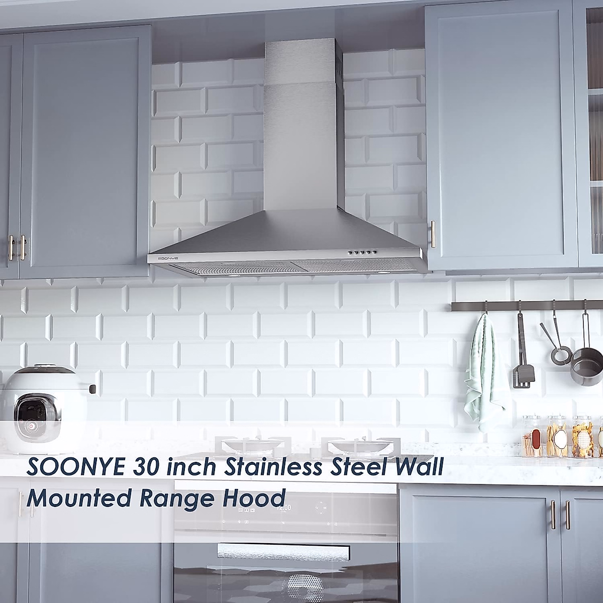 SOONYE 450 CFM 30 inch Range Hood, Stainless Steel Wall Mount Vent Hood, Convertible to Ductless/Ducted with LED Lights, 3 Speed Exhaust Fan