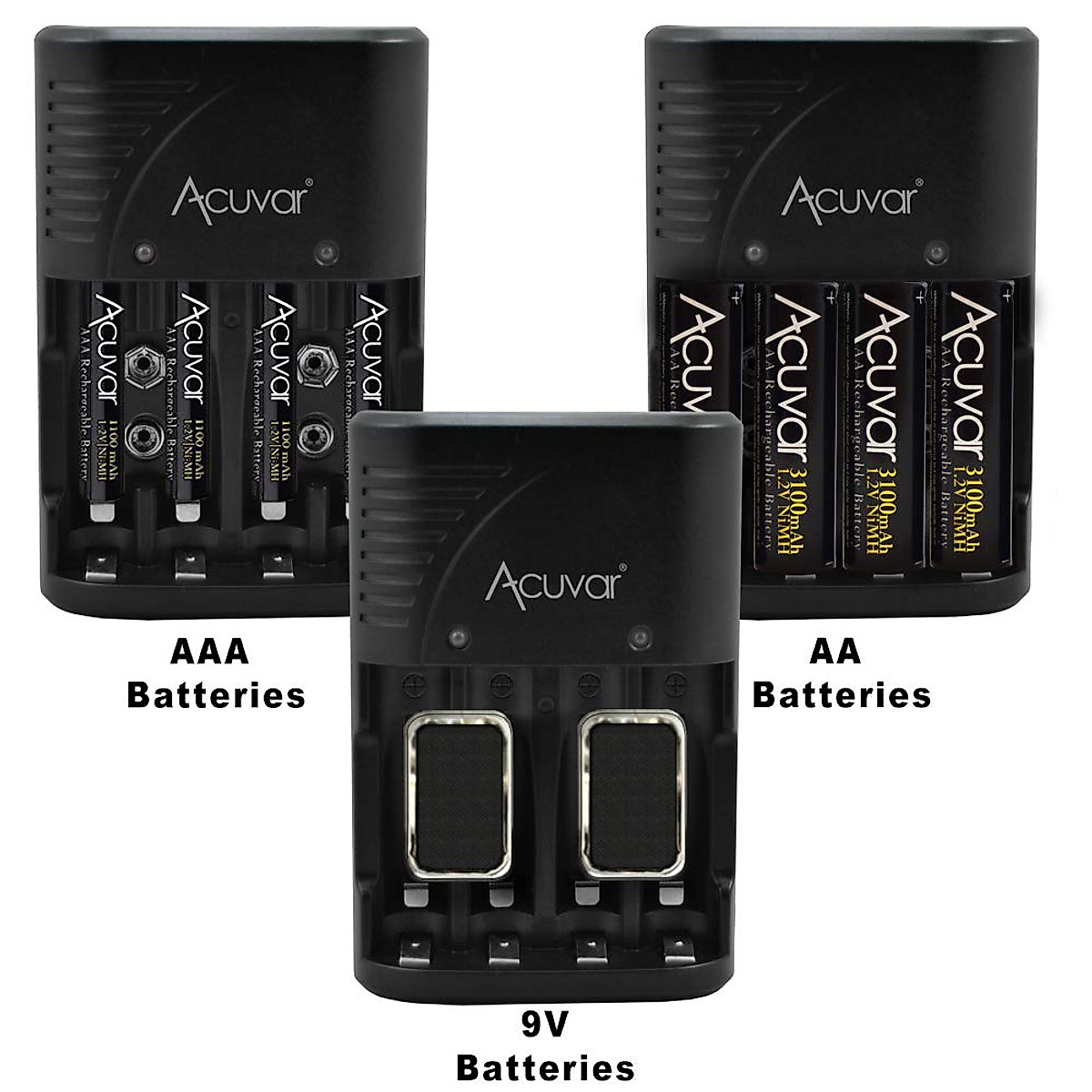 Acuvar 3 in 1 Battery Charger for Double AA, Triple AAA and 9V Batteries