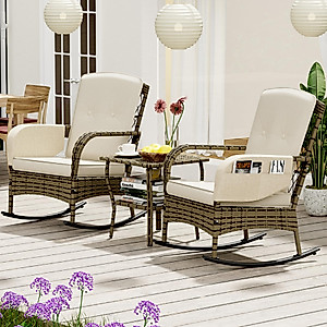 BALDPER 3 Pieces Patio Conversation Set, Outdoor Rocking Chairs with Armrest Side Pocket, Outdoor Furniture Set with Porch Chairs and Coffee Table for Deck Garden Poolside, Beige