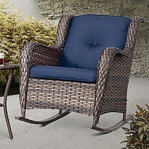 Joyside Outdoor Wicker Rocking Chair All-Weather Patio Yard Furniture Club Rocker Chair with Cushion, Blue