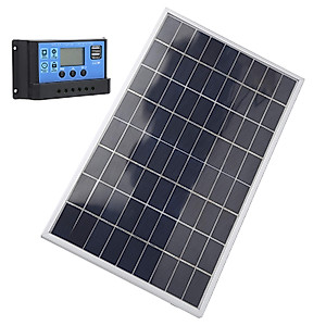 Solar Panel, 15W 18V Polycrystalline Solar Panel 12V/24V PWM Solar Controller 2pcs LED Bulb for Car RVs Ship Battery Charger(10A)