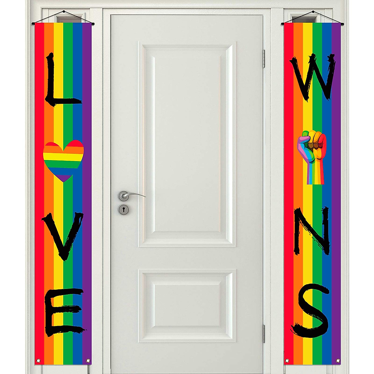 Love Wins Pride Day Porch Banner LGBT Rainbow Stripes Heart Gay Lesbian Front Door Wall Sign Party Decoration