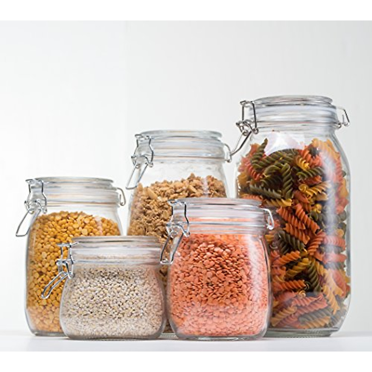 HomEquip 5-Piece Airtight Canister Set with Clip Top Lids (Clear Glass): Kitchen Preserving Storage Jars - Great Dry Food Pantry Containers for Pasta, Cereal, Cookies, Sugar, Flour, Coffee & Tea