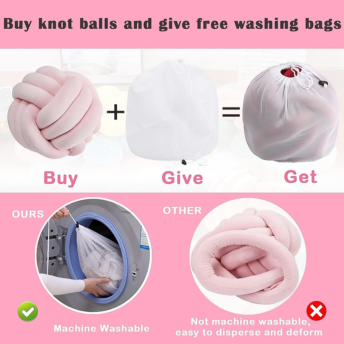 XHJRI Soft Knot Ball Pillows， Round Ball Cushion Pillows, Kids Room Decoration Plush Pillow Girl Photography Props， Throw Knotted Pillow Handmade (Light Rose Gold, 8.6 Inch)