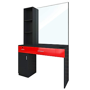 Artist hand Wall Mount Salon Station Barber Stations Styling Station Barber Beauty Spa Salon Equipment Set with Mirror,Left Shelf (Black/Red)