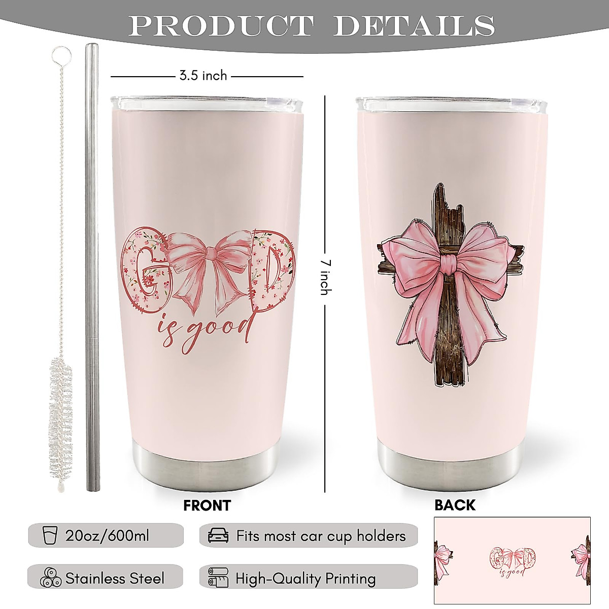 MOTERMATE Christian God is Good Pink Bow Cross 20oz Travel Coffee Mug Tumbler, Christian Easter Tumbler Gifts for Women Kids, Preppy Stuff, Pink Preppy Water Stainless Steel Tumbler with Lid and Straw