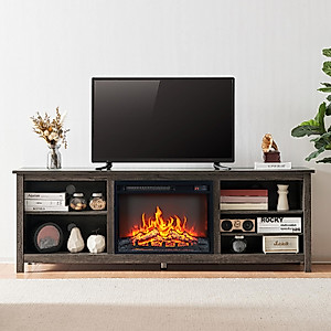 AMERLIFE Fireplace TV Stand, Wood Texture Entertainment Center with 23" Electric Fireplace, Farmhouse Entertainment Stand Media TV Console for TVs Up to 80", 70 inches, Rustic Grey