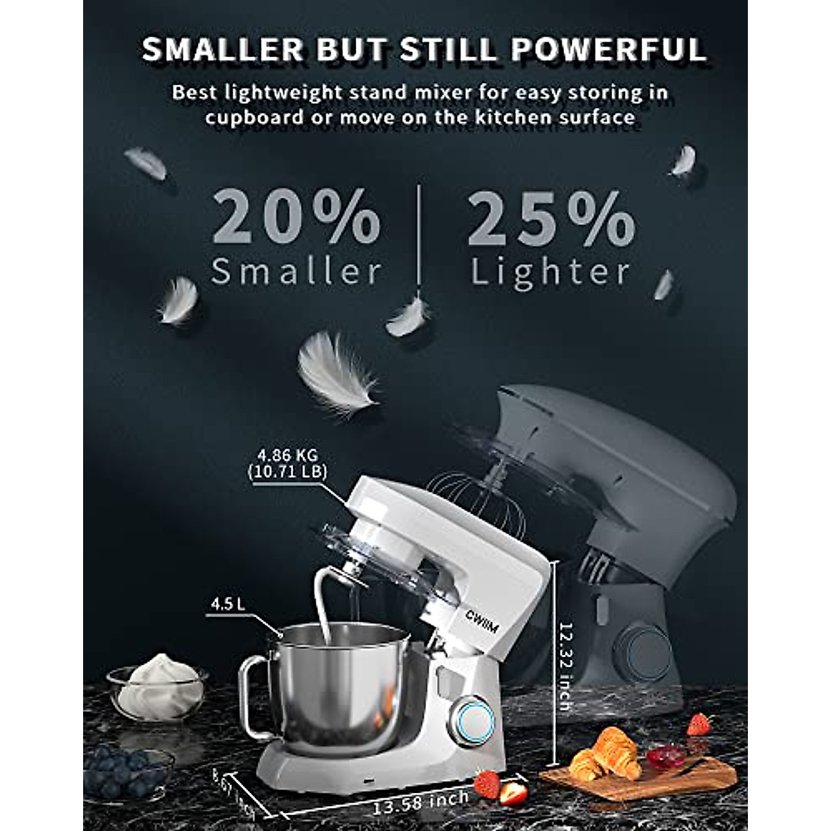 Stand Mixer, CWIIM 10+P Speed 5 QT Food Mixer with Dough Hook Whisk Beater Splash Guard Mixing Bowl, Tilt-Head Kitchen Electric Mixer for Baking Egg Bread Cakes Cookie Pizza Salad (White)