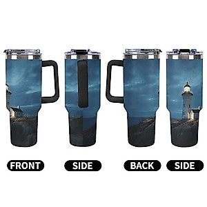 LLUTSNTH 40 Oz Vacuum Tumbler with Black Handle Leakproof Insulated Tumbler Lighthouse at Night Stainless Steel Travel Mug with Lid And Straw Coffee Cup Cute Water Bottles Cup Holder Friendly
