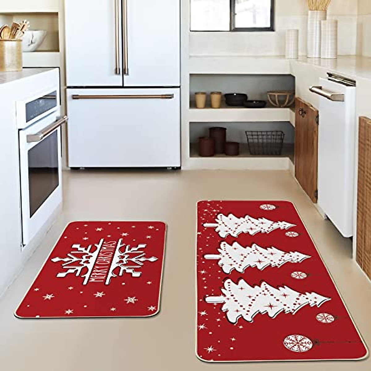 Artoid Mode Red Snowflake Merry Christmas Tree Welcome Decorative Kitchen Mats Set of 2, Home Party Low-Profile Kitchen Rugs - 17x29 and 17x47 Inch
