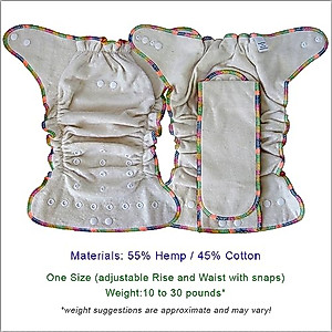 Overnight Hemp Fitted Cloth Diaper: Adjustable One-Size with Snap Buttons and 2 Cotton Hemp Inserts, Unisex Baby (1-Pack)
