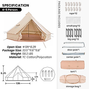 MC TOMOUNT Canvas Tent Bell Tent Yurt with Stove Jack Zipped Removable Floor for Glamping Truck Car Camping