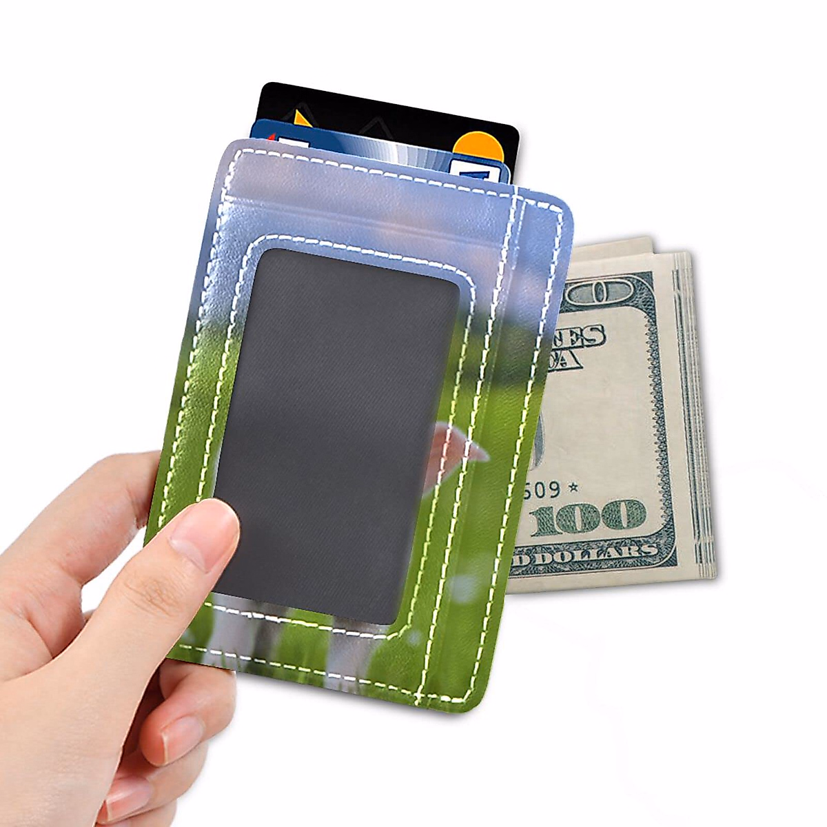 OTVEE Young Pig Spring Grass Meadow Slim Minimalist Wallet Small Card Wallets PU Leather Front Pocket Wallets