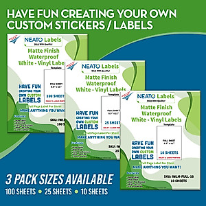 Custom Printable Matte Vinyl Stickers - 25 Sheets - Waterproof, Tear Resistant Full Sheet Label for Inkjet & Laser Printers & All Cutting Machines - 8.5 x 11" - Customizable Blank White Stickers