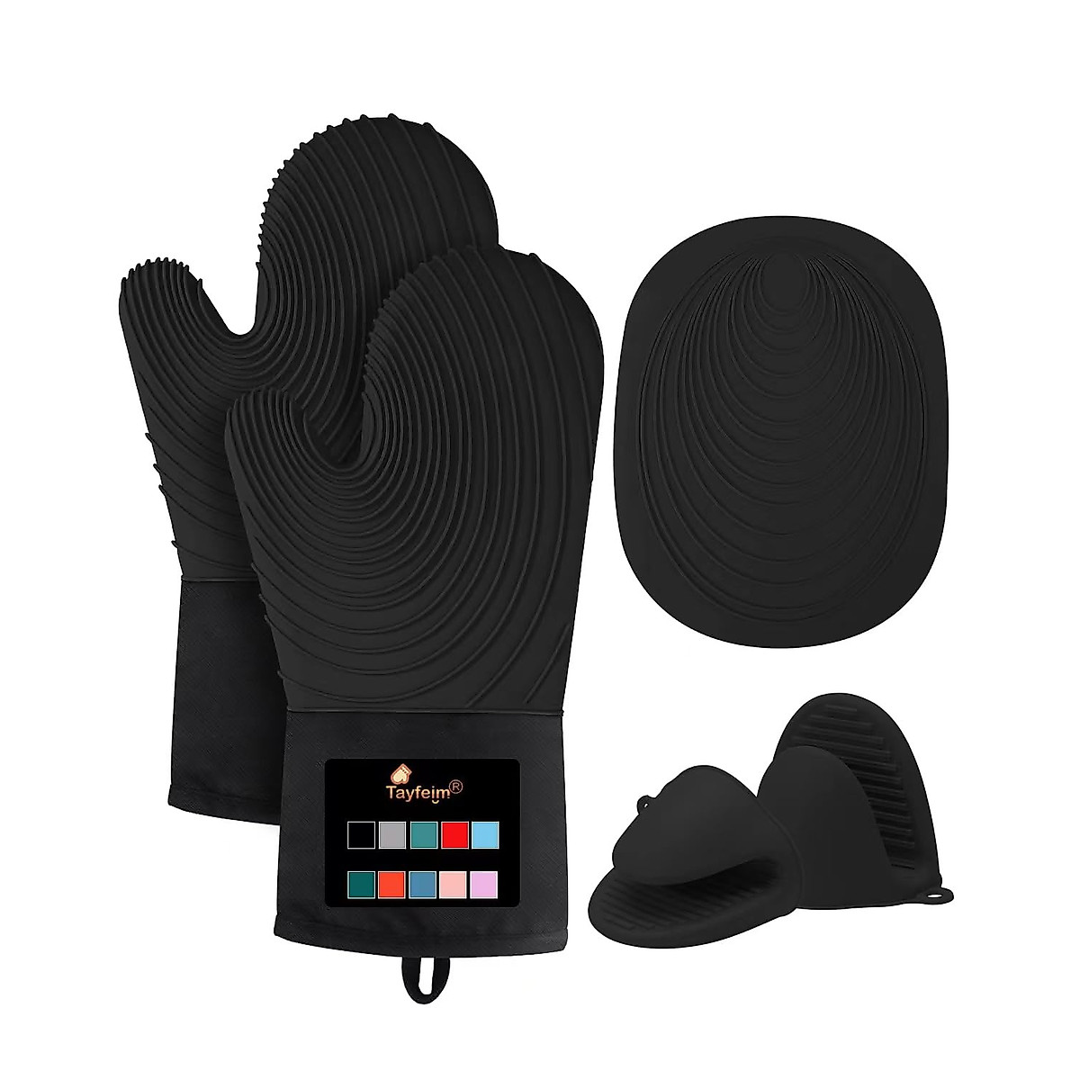 5Pcs Oven Mitts and Pot Holders, 500°F High Heat Resistant Silicone Kitchen Oven Mitts, Waterproof, Non-Slip, Easy to Clean, Cotton Lined Oven Gloves, BPA-Free, Oven Mits Set for Baking and Cooking