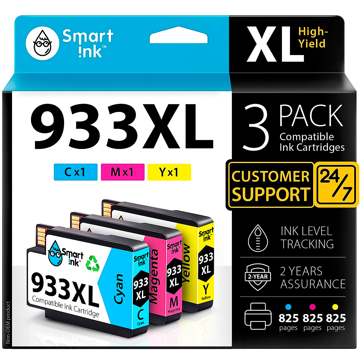 Smart Ink Compatible Ink Cartridge Replacement for HP 932XL 933XL 932 XL 933 (3 Combo Pack) to use with HP Officejet 6600 6100 6700 7110 7510 7610 7612 7510 Printers (Cyan, Magenta, Yellow)
