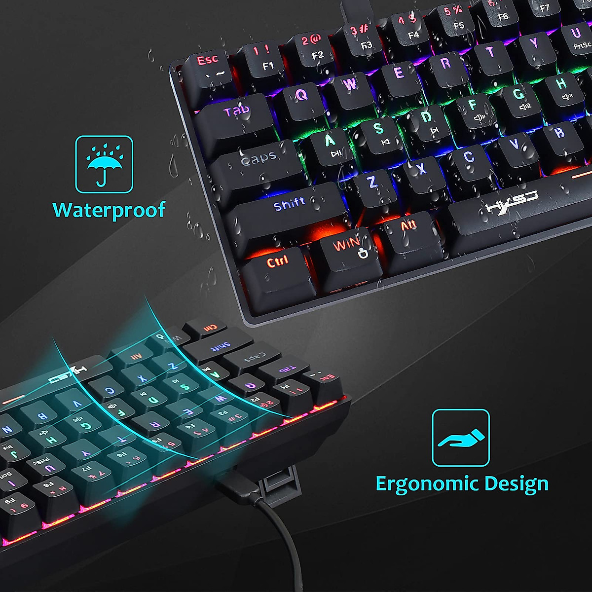 Compact Mechanical Gaming Keyboard Mini Portable with Ergonomic 61 Key Layout Multi Rainbow LED Backlight Anti-ghosting Waterproof Type-C USB Wired for PC MAC Gamer Computer Typist(Black/Blue Switch)