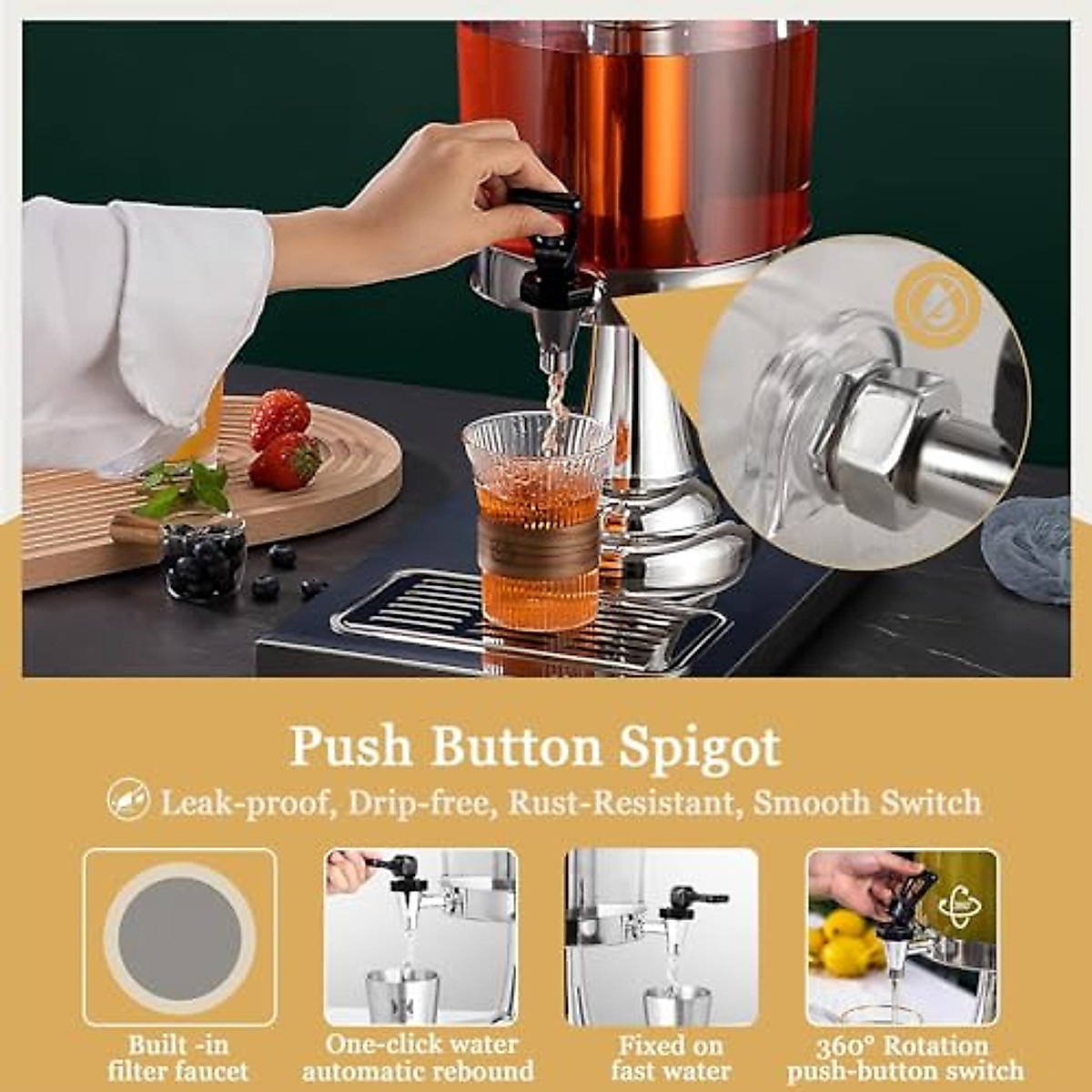 Stainless Steel Single Beverage Dispenser, Double Hot Beverage Machine with Ice Core Container Spigot And Drip Trays for Parties Buffet Catering Cold Drinks and Beer(16L)