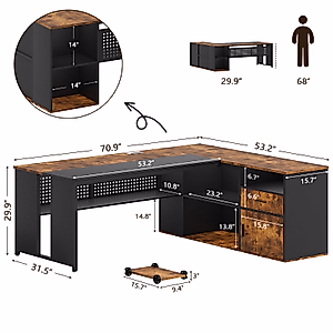 YOMILUVE 71 Inch Executive Desk with Storage Shelves, Industrial L-Shaped Desk with Cabinet Storage & Drawer, Home Office Desk Business Furniture, Rustic Brown & Black