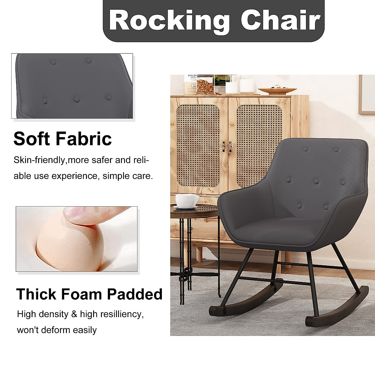 WENTMENT Rocking Chairs Nursery Set of 2, Curved Backrest Rocking Accent Chairs with Solid Wood Base Upholstered Glider Rocker for Living Room Bedroom Baby Room (Grey)