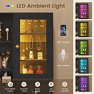 BTHFST Makeup Vanity with Upholstered Stool & Charging Station, Vanity Desk with Mirror and Lights & Jewelry Storage, Vanity Table Set with RGB Lights & 5 Drawers & Shelves, Black & Gold