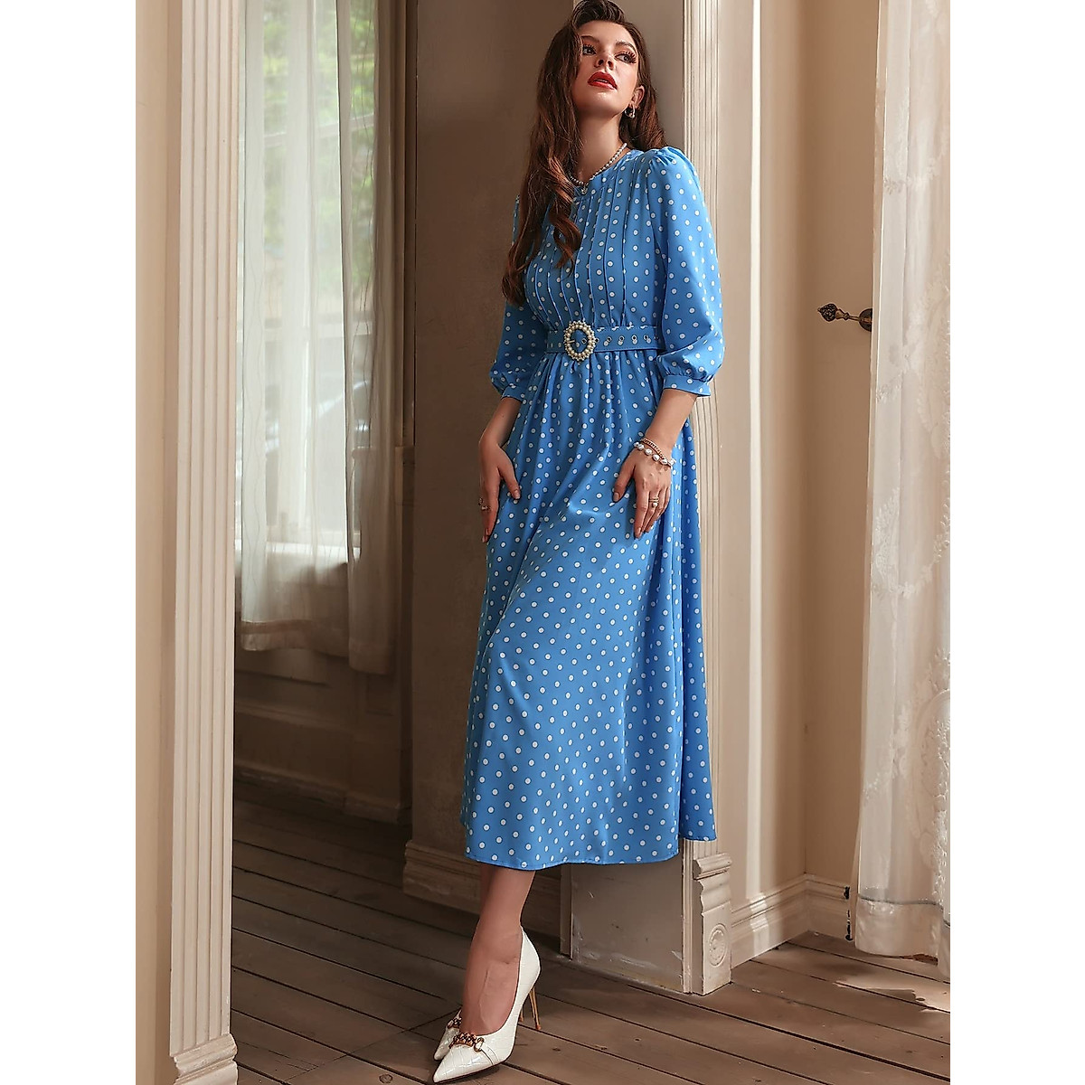 WDIRARA Women's Polka Dots Puff 3/4 Sleeve A Line Pleated Belted Flare Cocktail Long Dress Blue L